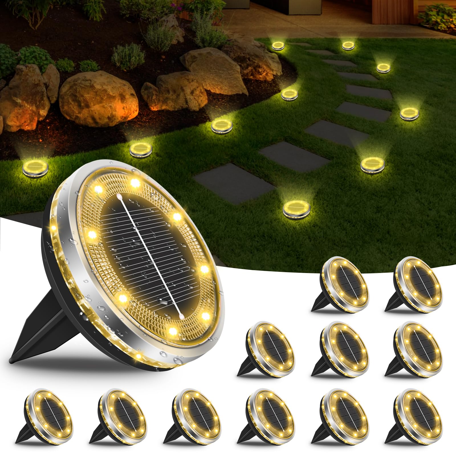 Paquete de 12 luces solares para exteriores, 8 LED, planas ...