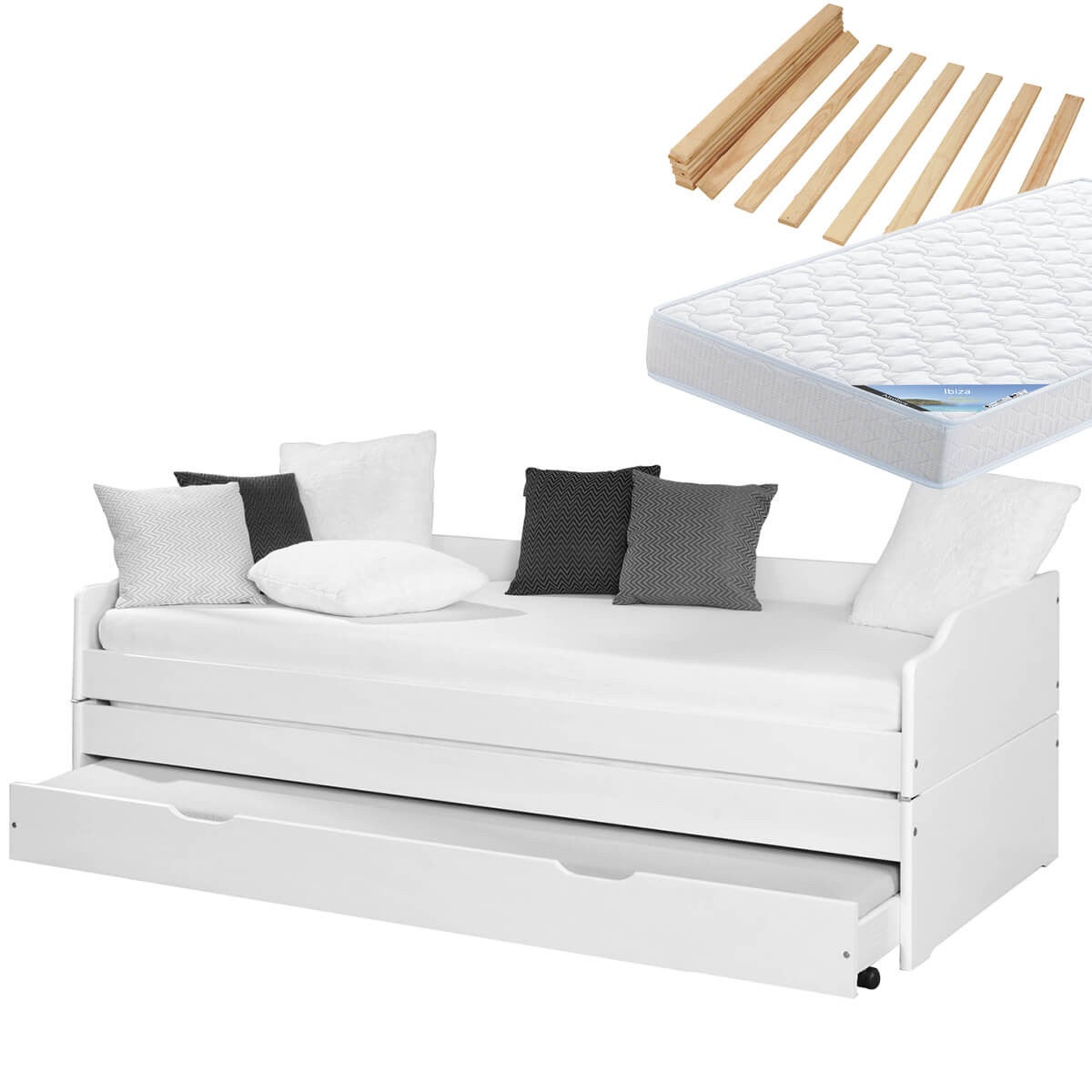 BARBARA - Pack Lit Gigogne 3 Couchages 90x200cm Blanc + 2 Matelas Ibiza ...