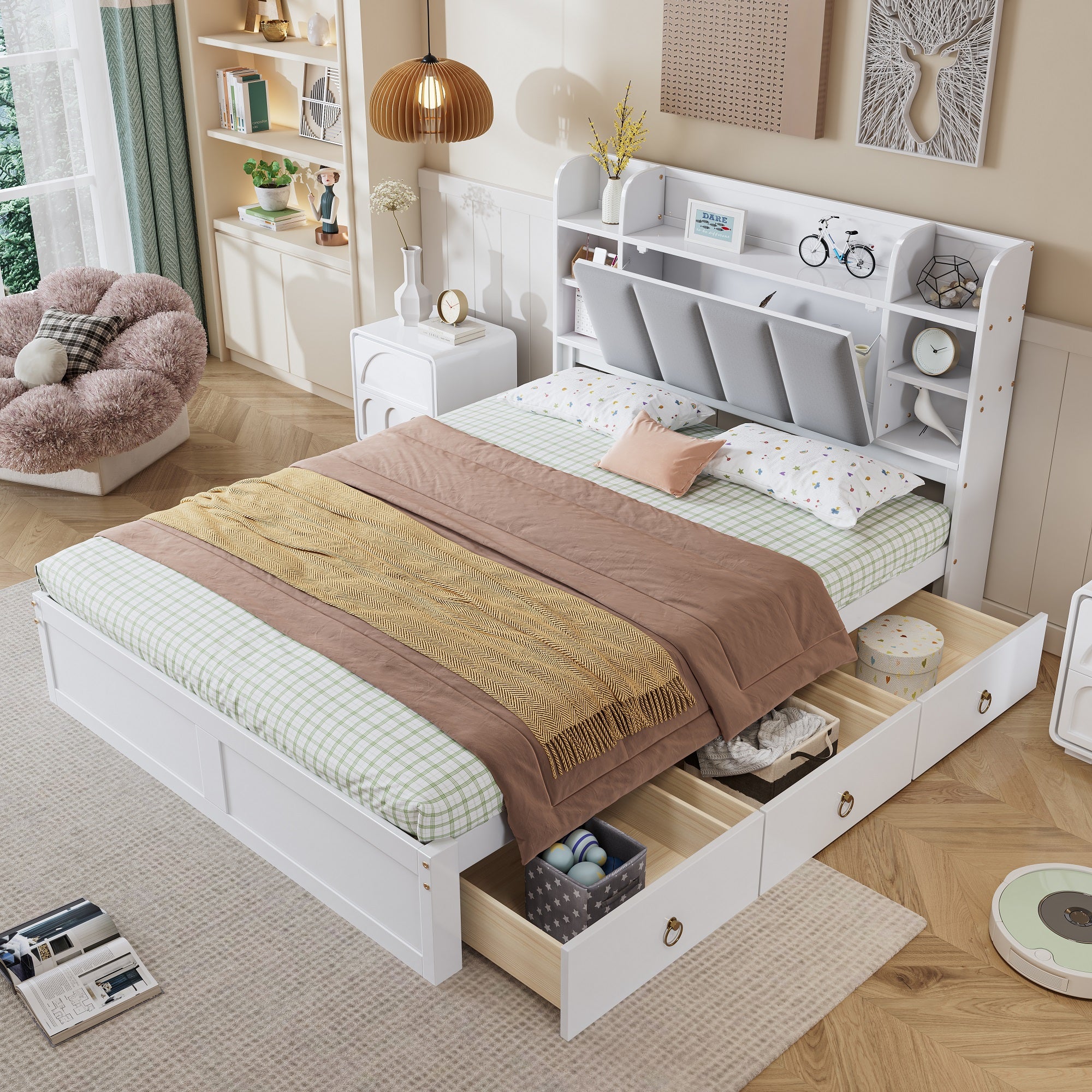 Lit 140 x 200 cm avec 3 Tiroirs, Etagère Ouverte et Porte Rabattable ...