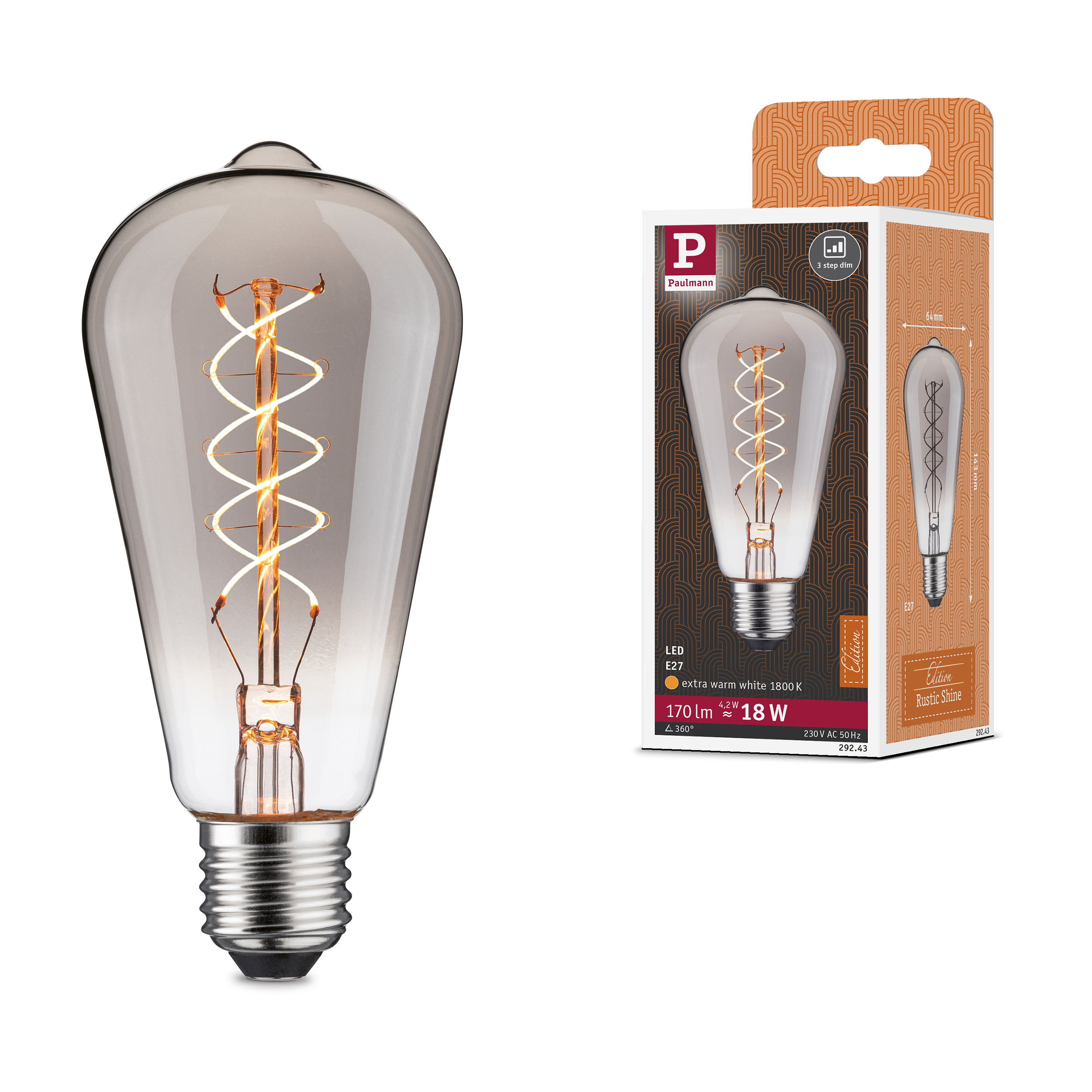 Rustic Shine Standard 230 V Ampoules LED Filament en forme de S 170lm 4,2W 1800K gradable Verre ...