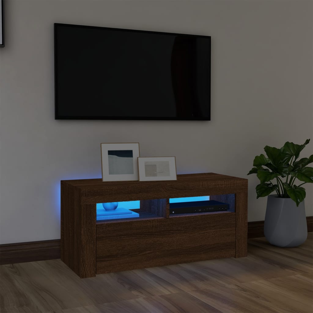 Mueble de TV con luces LED roble marrón 90x35x40 cm | Leroy Merlin