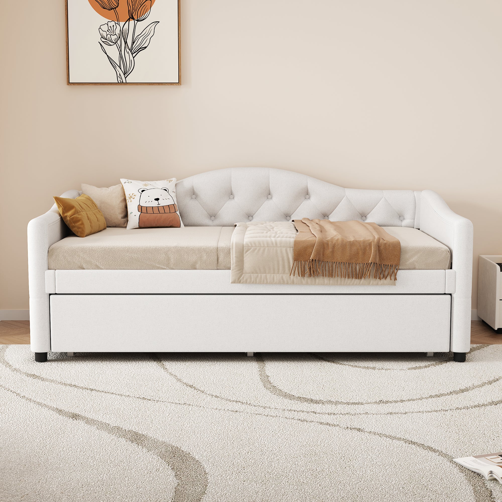 Lit banquette 90x200cm + lit gigogne 90x190cm - capitonné en tissu lin ...