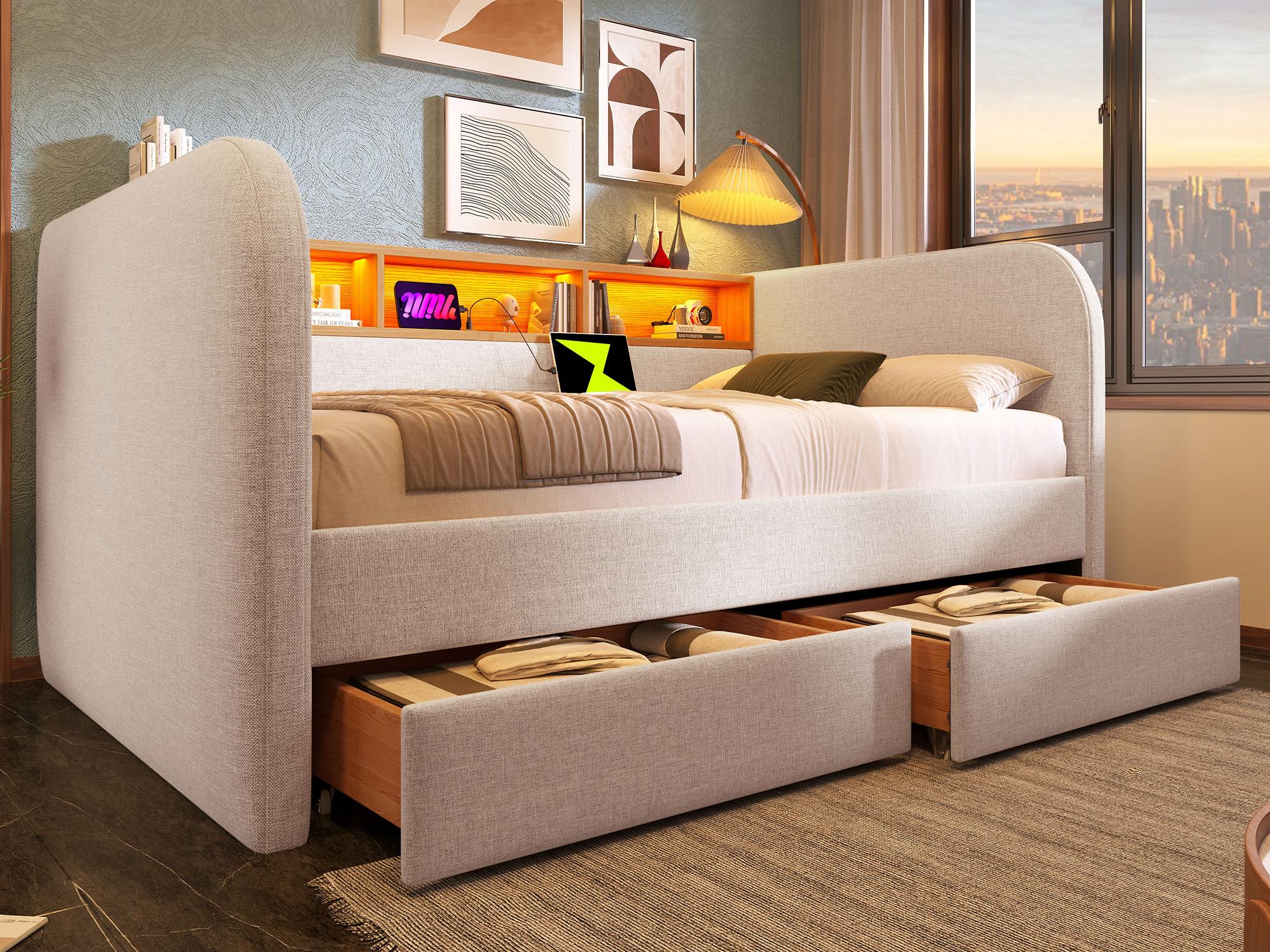 Lit banquette avec 2 tiroirs - tissu en lin - 140x190 cm - avec LED et ...