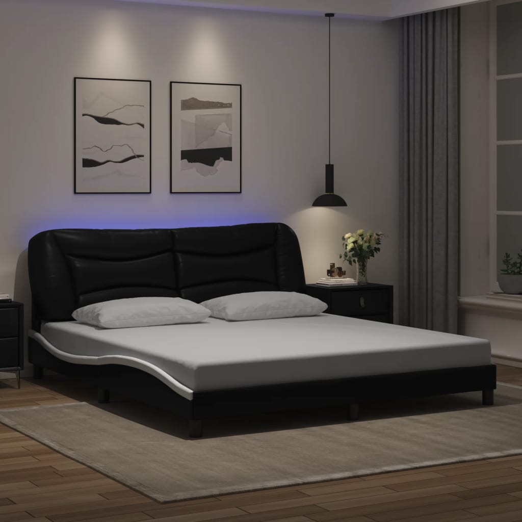 Estructura de cama con luces LED negro blanco 180x200 cm piel sintética ...