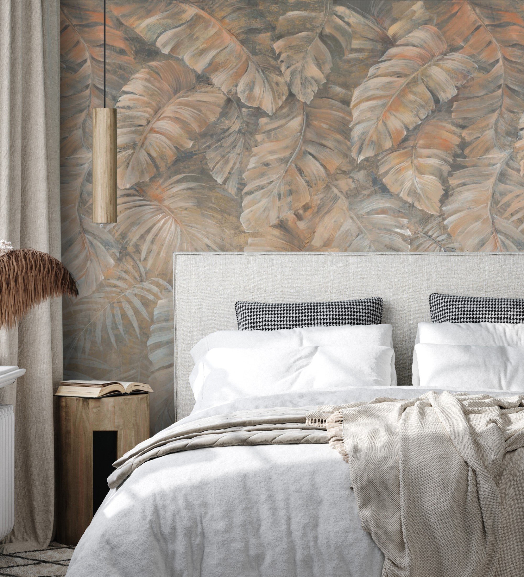Papier peint vinyle mural tropical, coloris terreux, texture en relief ...