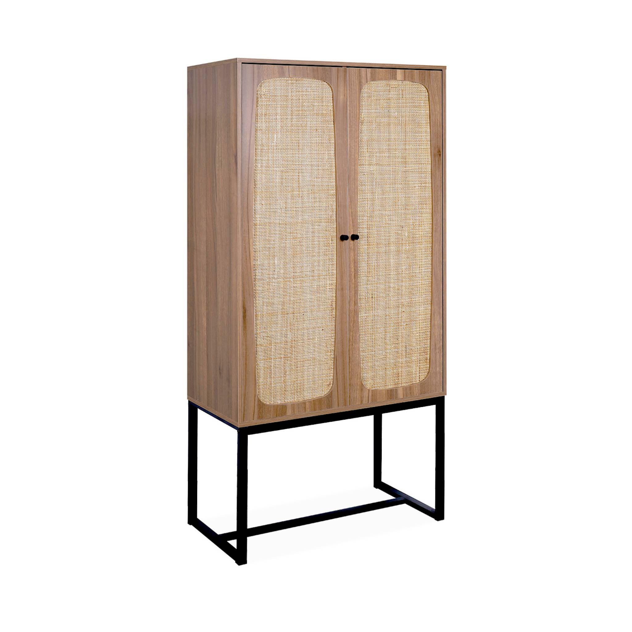 Buffet rétro décor bois foncé et cannage 2 portes avec pieds en métal ...