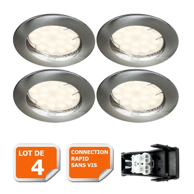 Lot De 4 Spot Led Encastrable Complète Ronde Fixe Alu Brossé Blanc