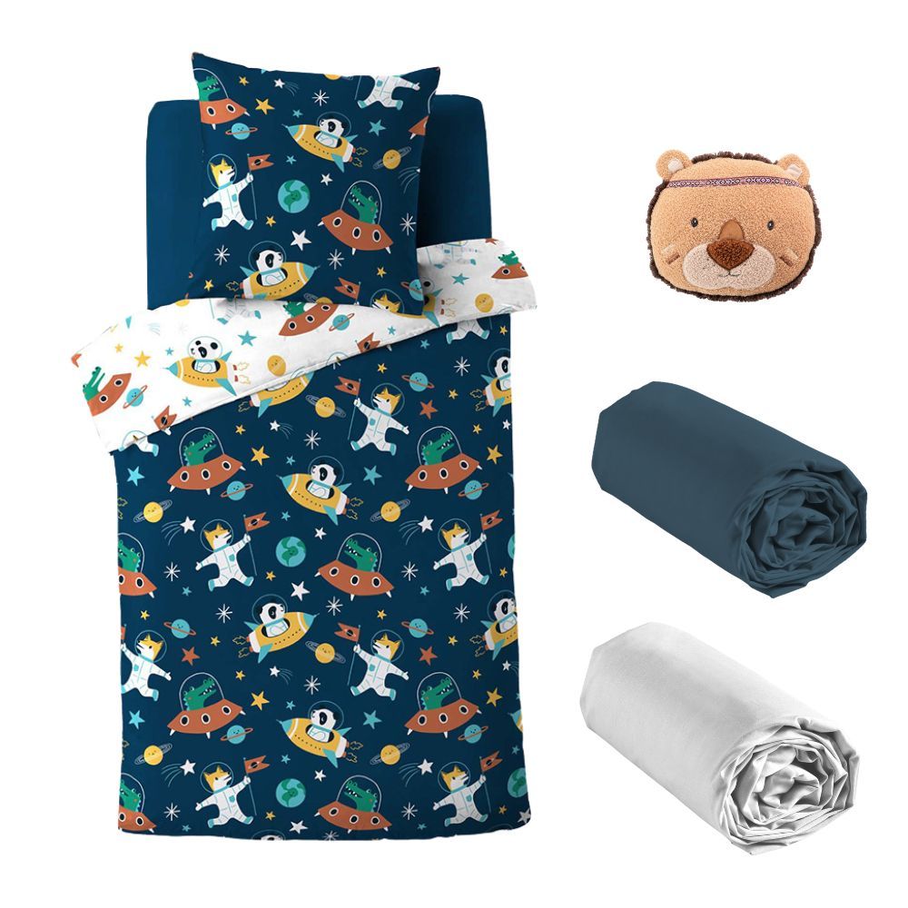 Pack 5 pièces Cosmo - Parure de lit avec 2 draps housse et 1 nounours ...