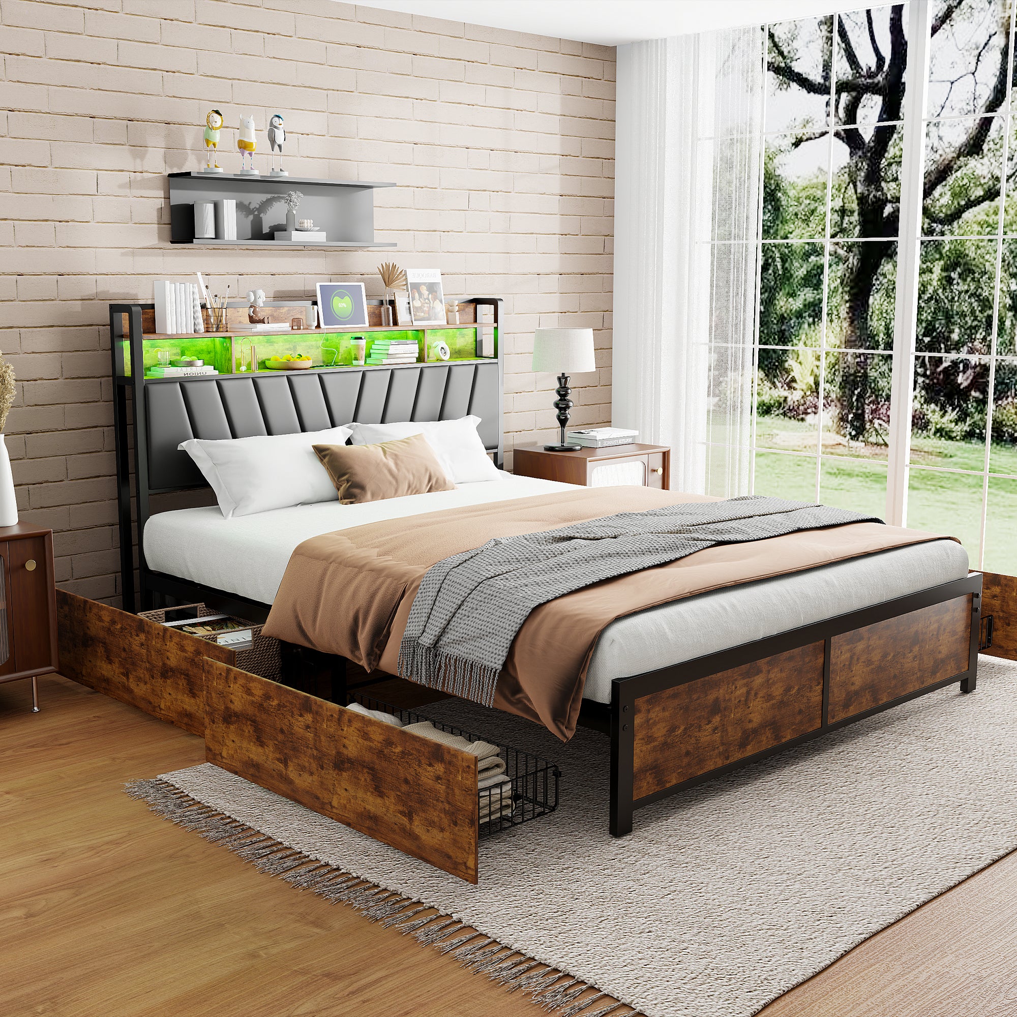 Lit Double En Métal 140x200 Cm, Avec LED Et USB, 4 Tiroirs, Avec ...