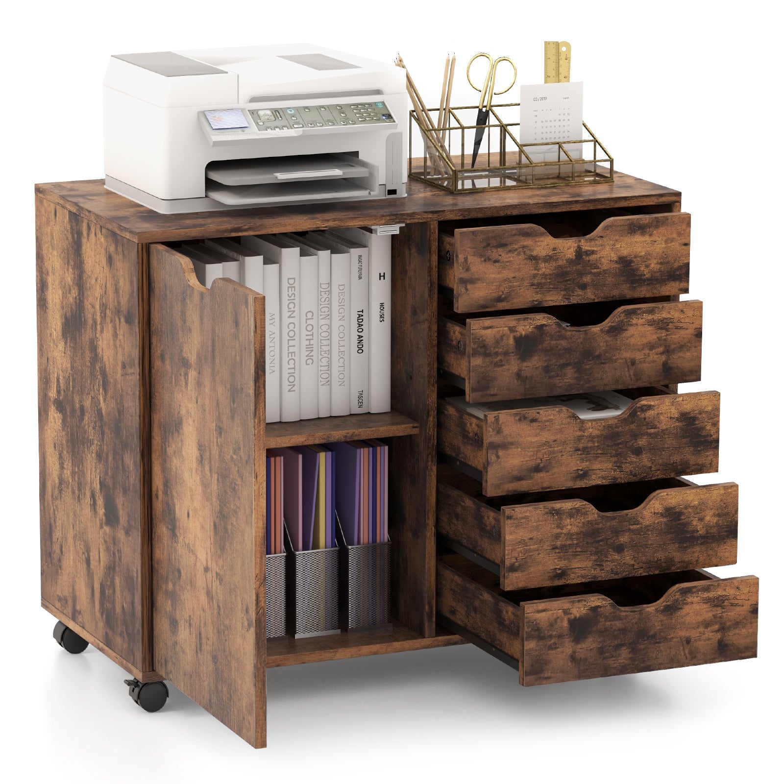 Caisson de Rangement à roulettes 5 Tiroirs, Placard avec Étagère ...