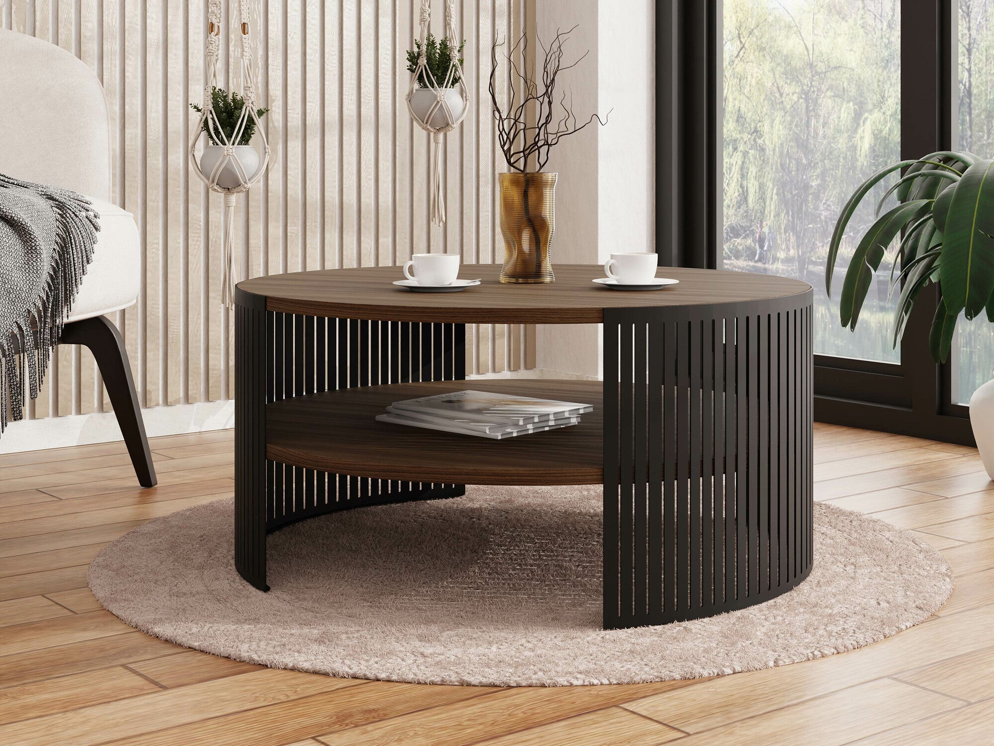 Mesa de centro Evanola 100, Nogal, Negro, 40cm, Diámetro: 75 ...