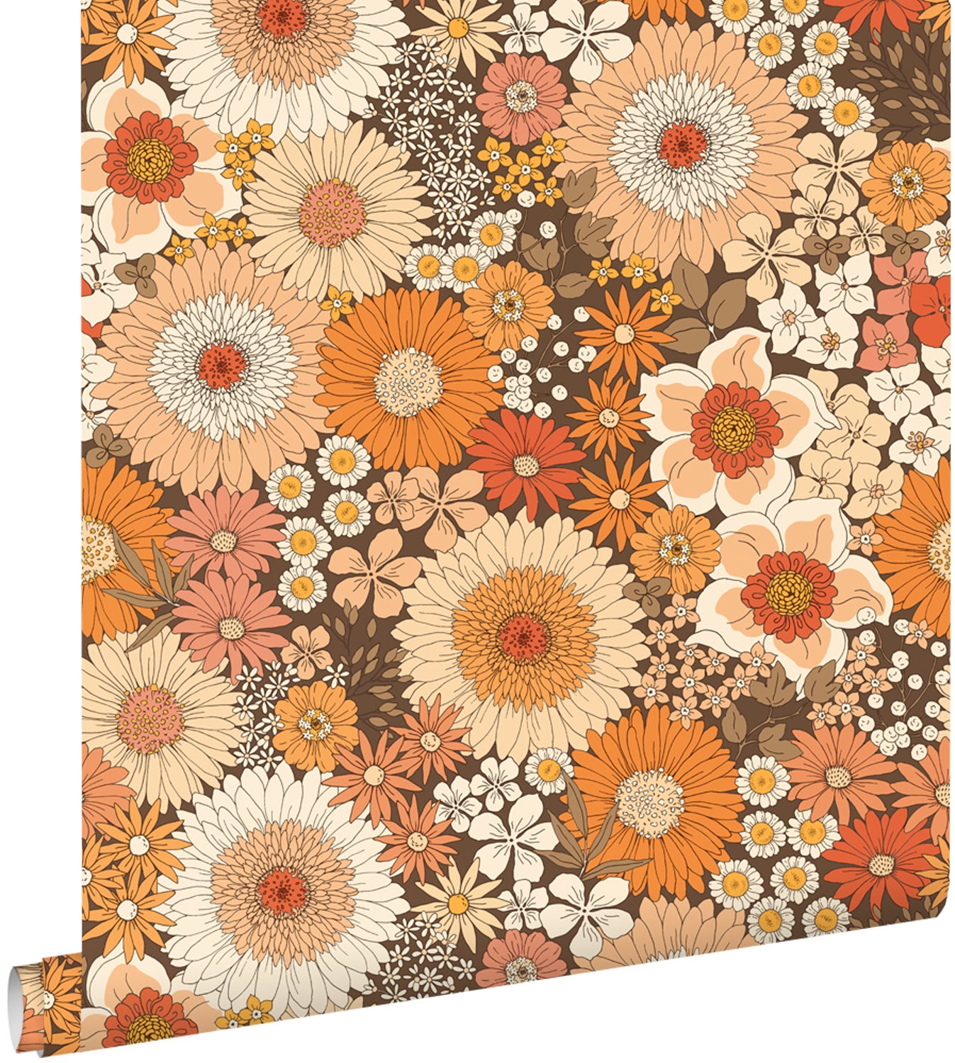 Papier peint fleurs rétro orange et rose terracotta - 50 x 900 cm ...