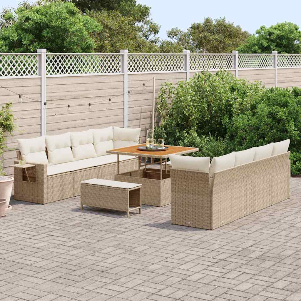 Salon de Jardin 11 Pièces avec Coussins Beige en Rattan Poly et Acacia ...