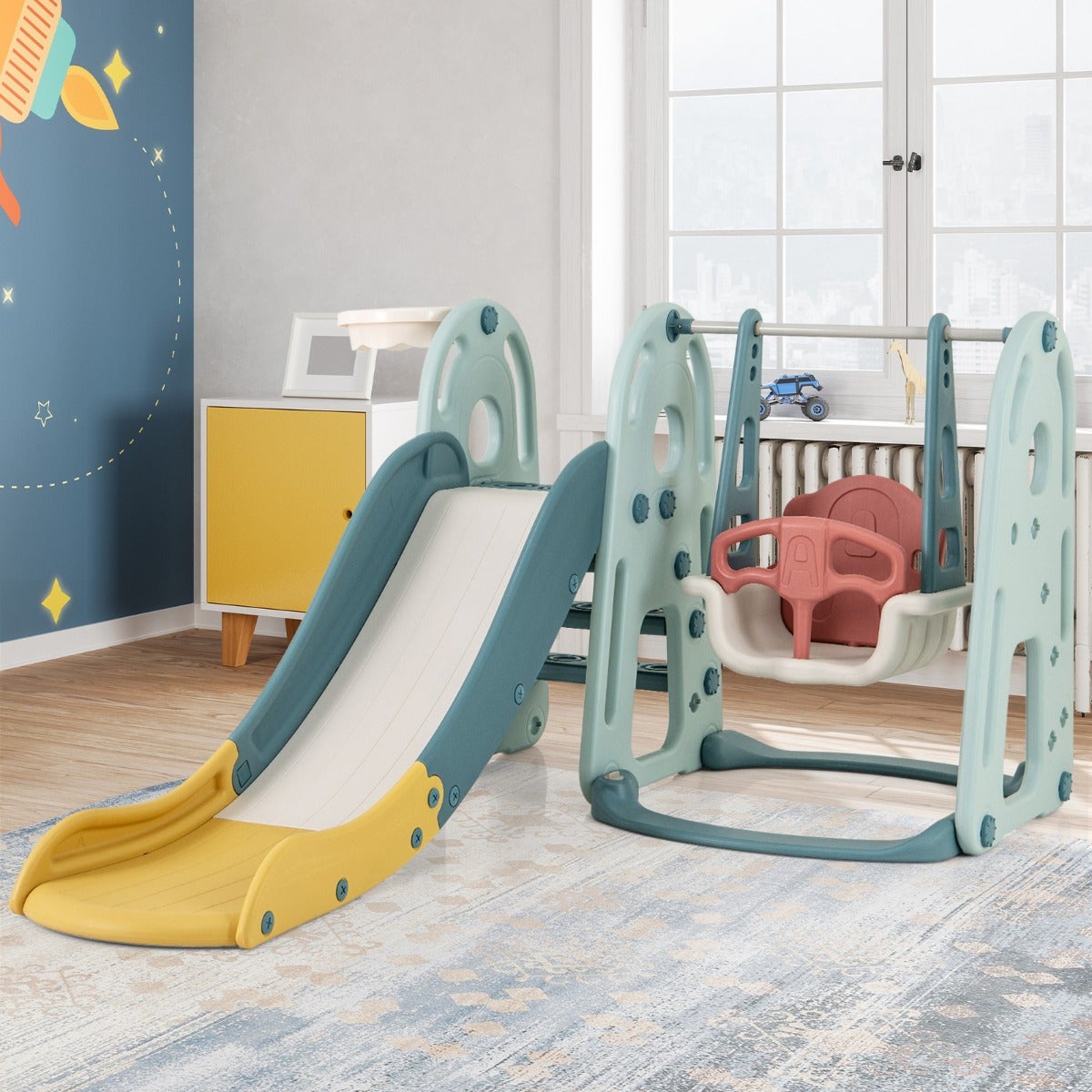 Ensemble Balançoire Toboggan 4 En 1 18 Mois Panier De Basket Vert