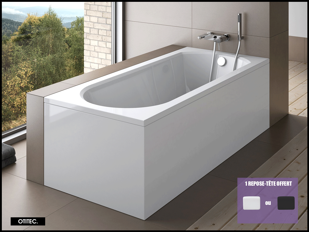 Baignoire rectangulaire de 170 x 75 cm - BLANC - avec Repose Tête ...
