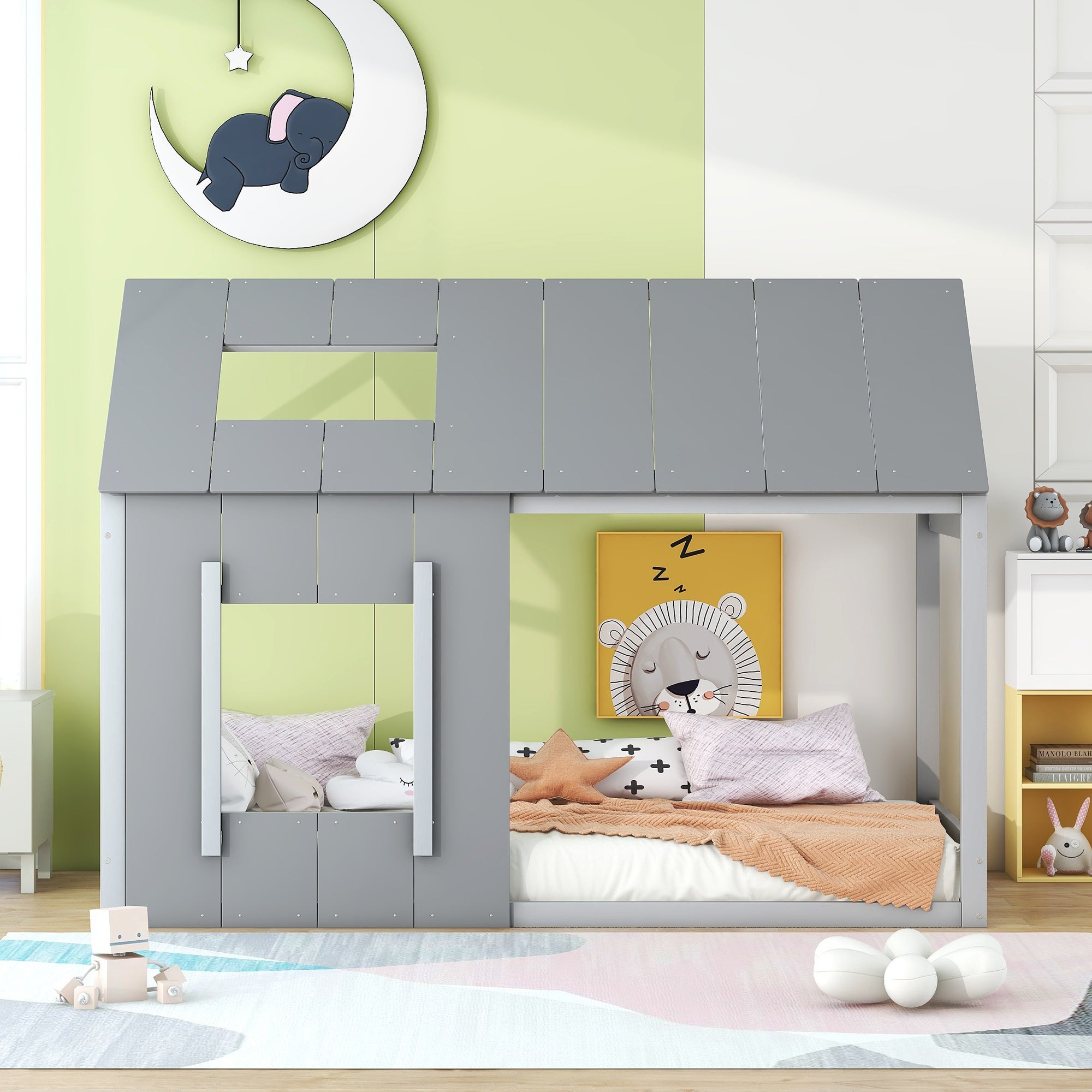 Lit Simple Enfant 90 X 200 cm - Forme De Maison - Gris Foncé + Clair ...