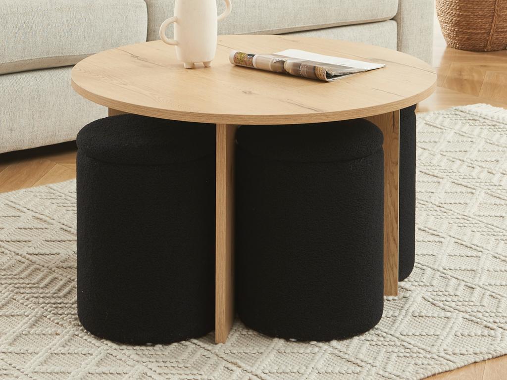 Table basse en MDF + 4 poufs en tissu bouclette - Naturel et noir ...