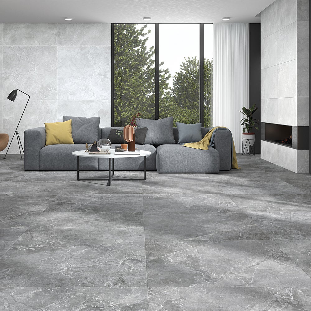 Carrelage sol/mur effet pierre satiné MELLISANDRE ANTHRACITE L.119,5 x ...