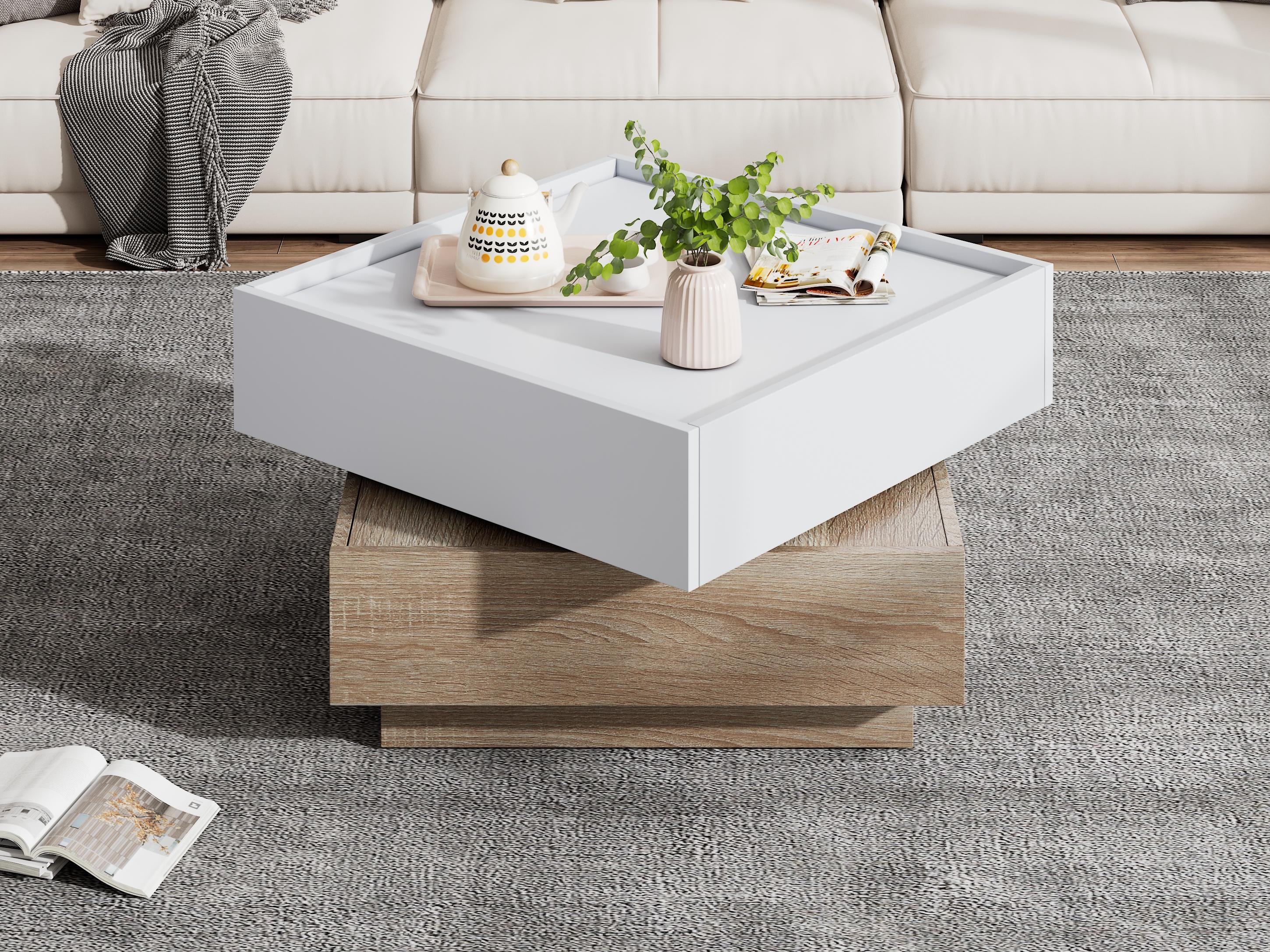 Table basse carré rotatif à 360° - avec 2 tiroirs - 60x60x38 cm - Blanc & Naturel | Leroy Merlin