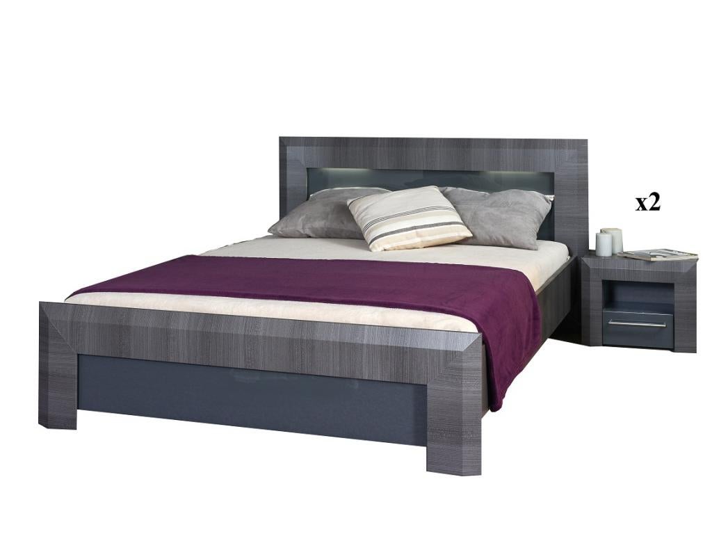Ensemble lit 140 x 190 cm + 2 tables de chevet - Finition aspect orme ...