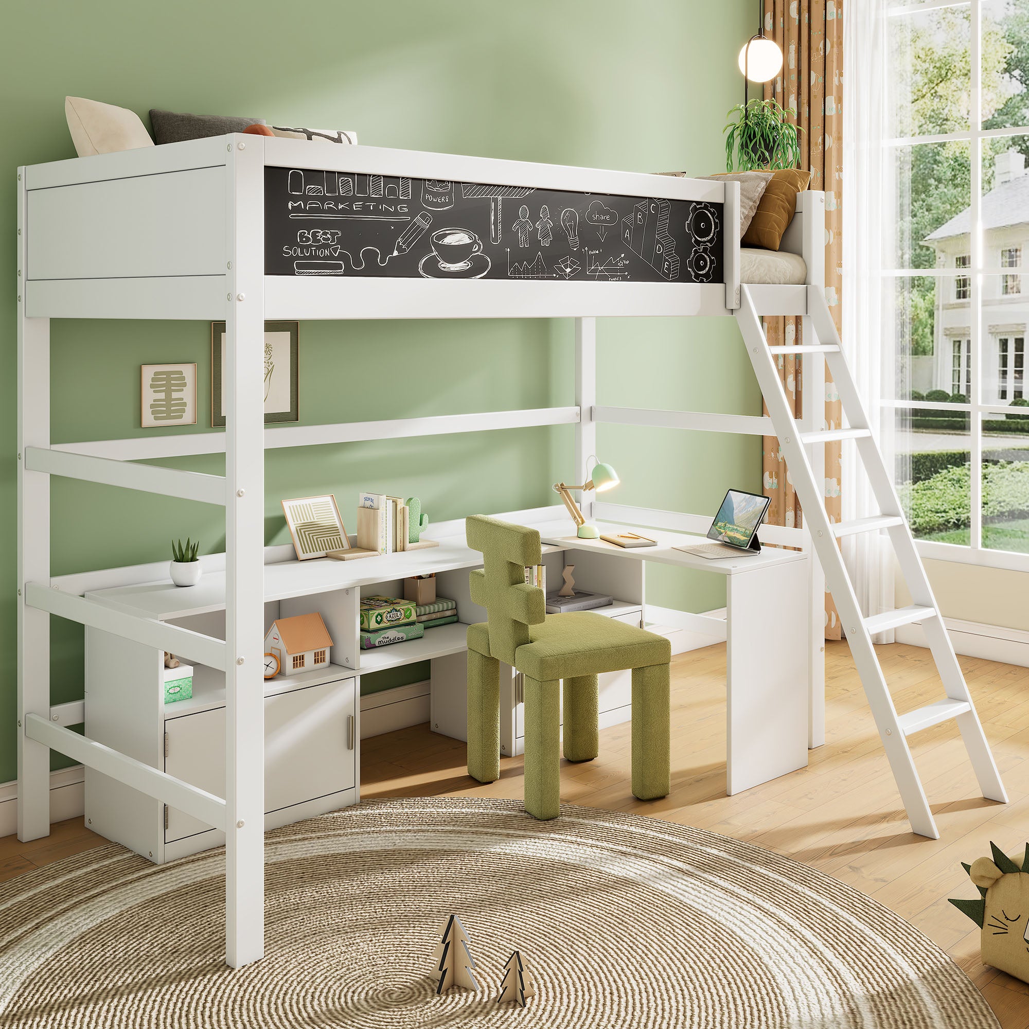 Cama infantil multifuncional blanca, simple o doble, con mesa y bandeja móvil, rastrillo ...