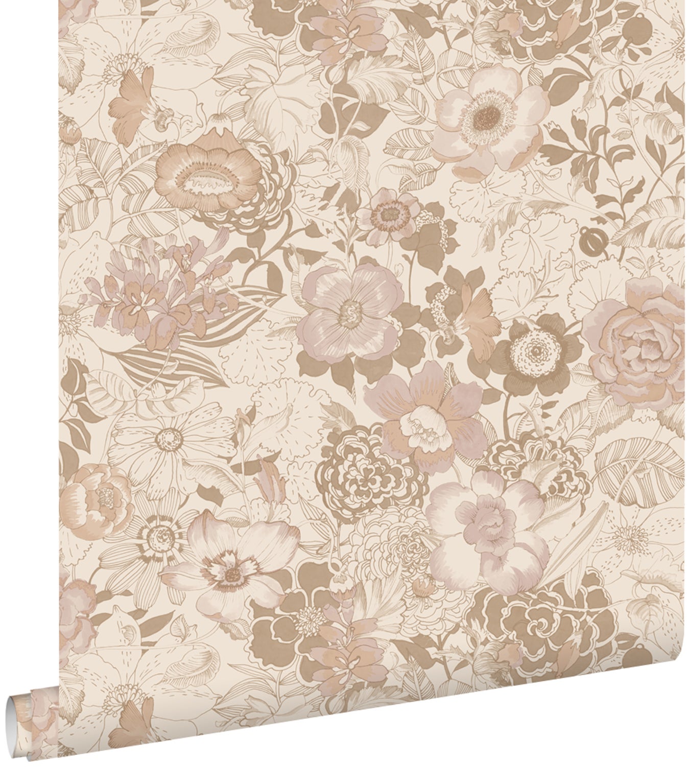 Papier peint fleurs vintage beige et vieux rose - 53 cm x 10.05 m ...