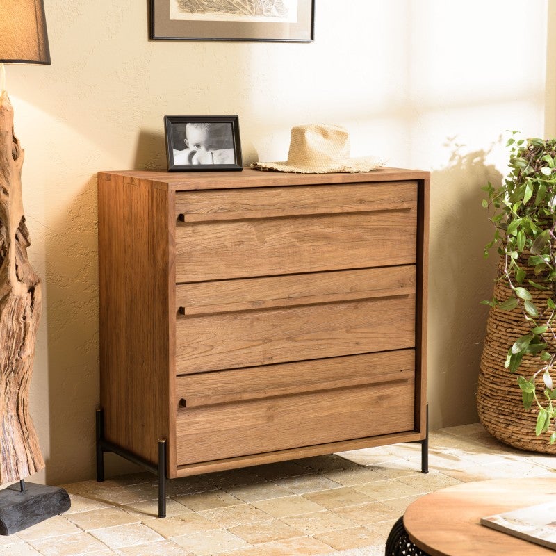 SIXTINE - Commode 3 tiroirs bois de teck recyclé pieds en métal noir ...