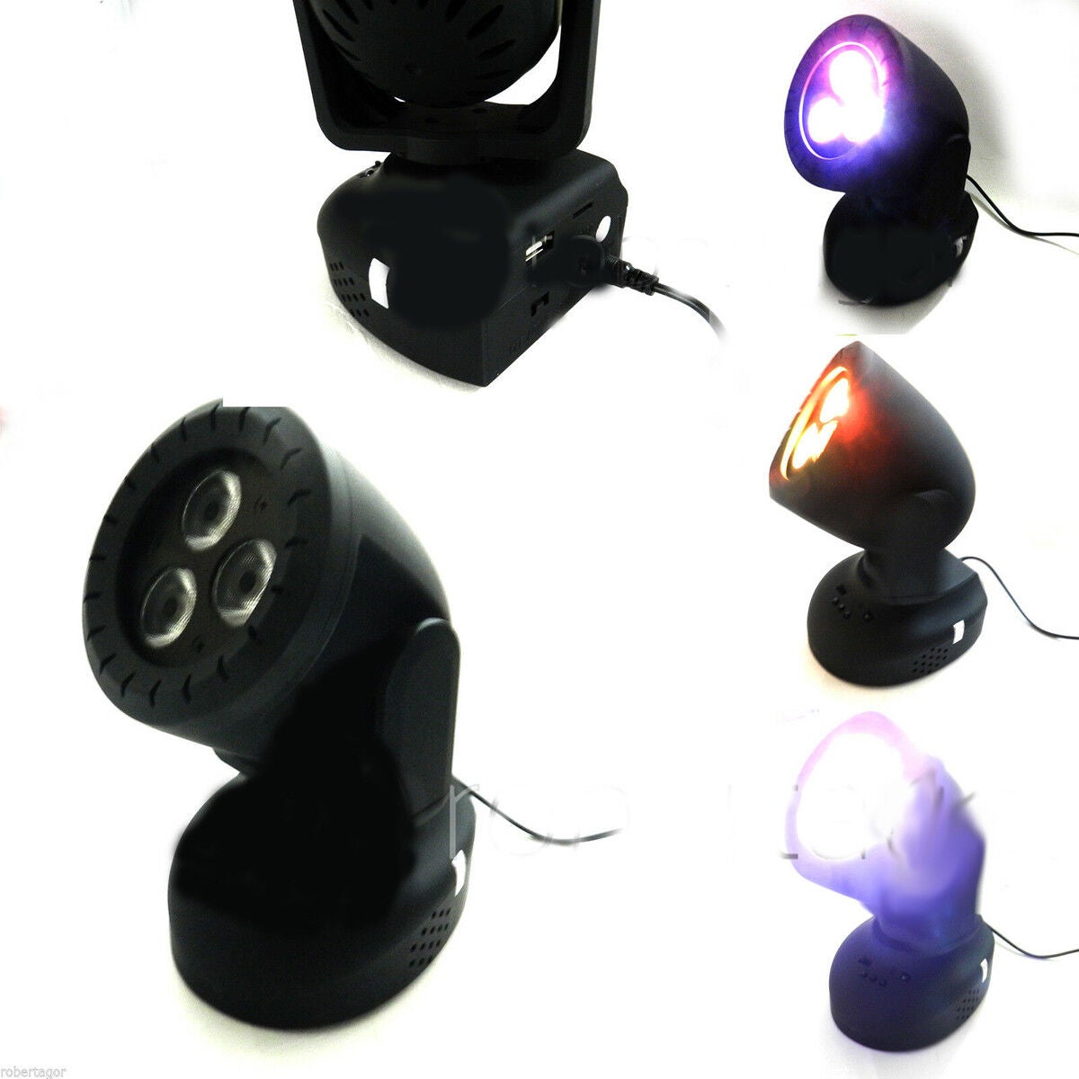 PROIETTORE LED RGB TESTA MOBILE ROTANTE EFFETTI DISCO 3 LED LETTORE MP3 ...