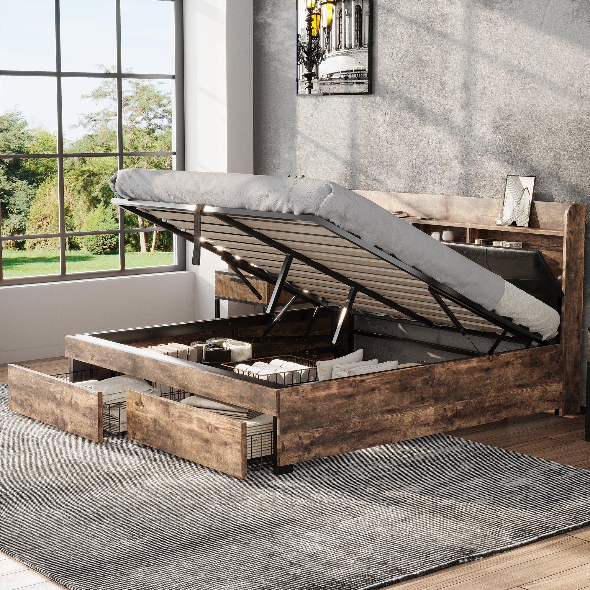 Lit en métal, 140 x 200 cm, lit hydraulique, lit jeune, lit double ...