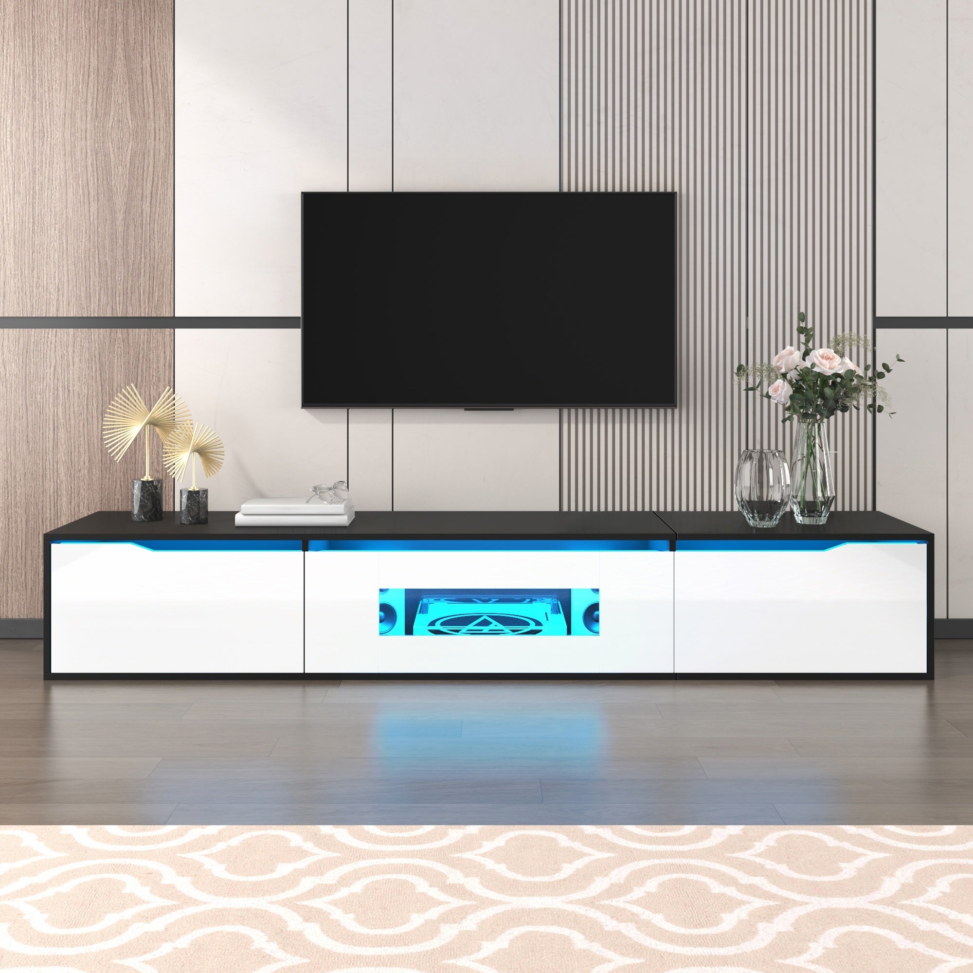 Meuble TV mural laqué brillant 180 cm, noir et blanc, LED et port USB ...