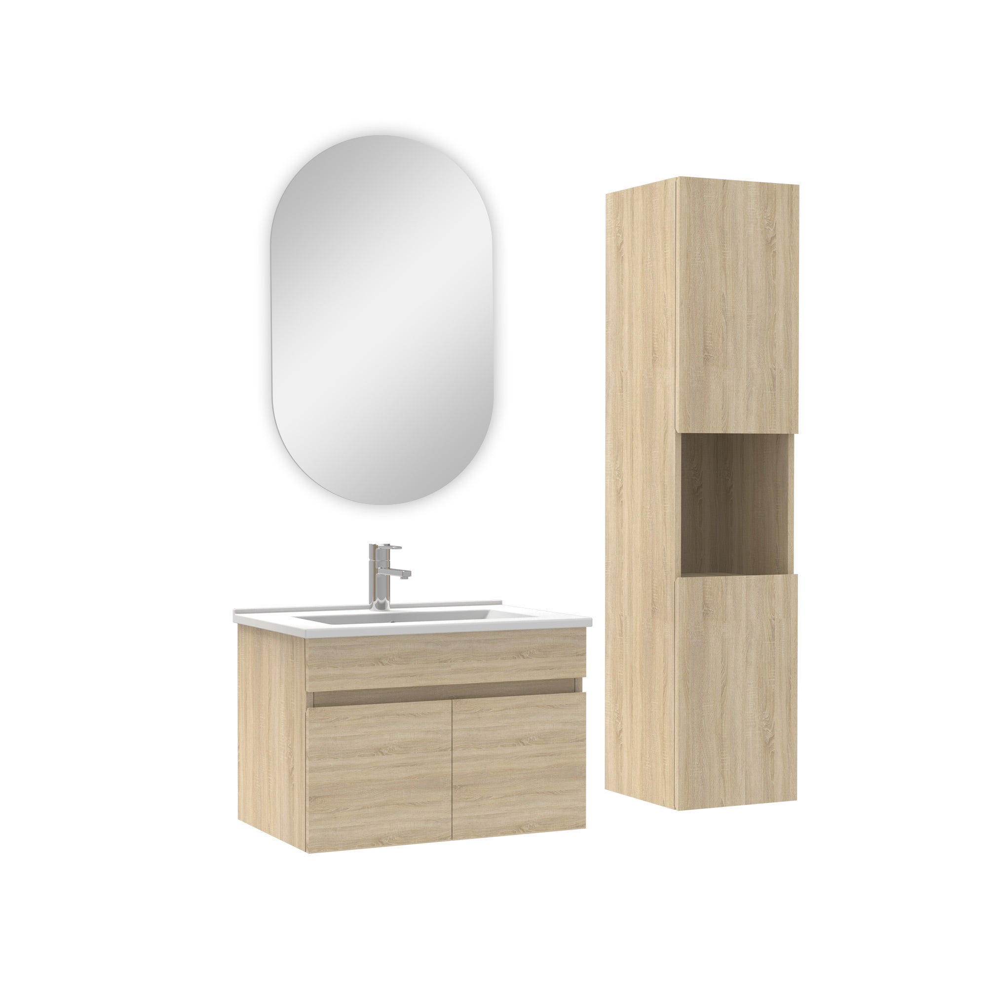 Ensemble Salle de Bain avec colonne et miroir ovale 60cm meuble Chêne ...