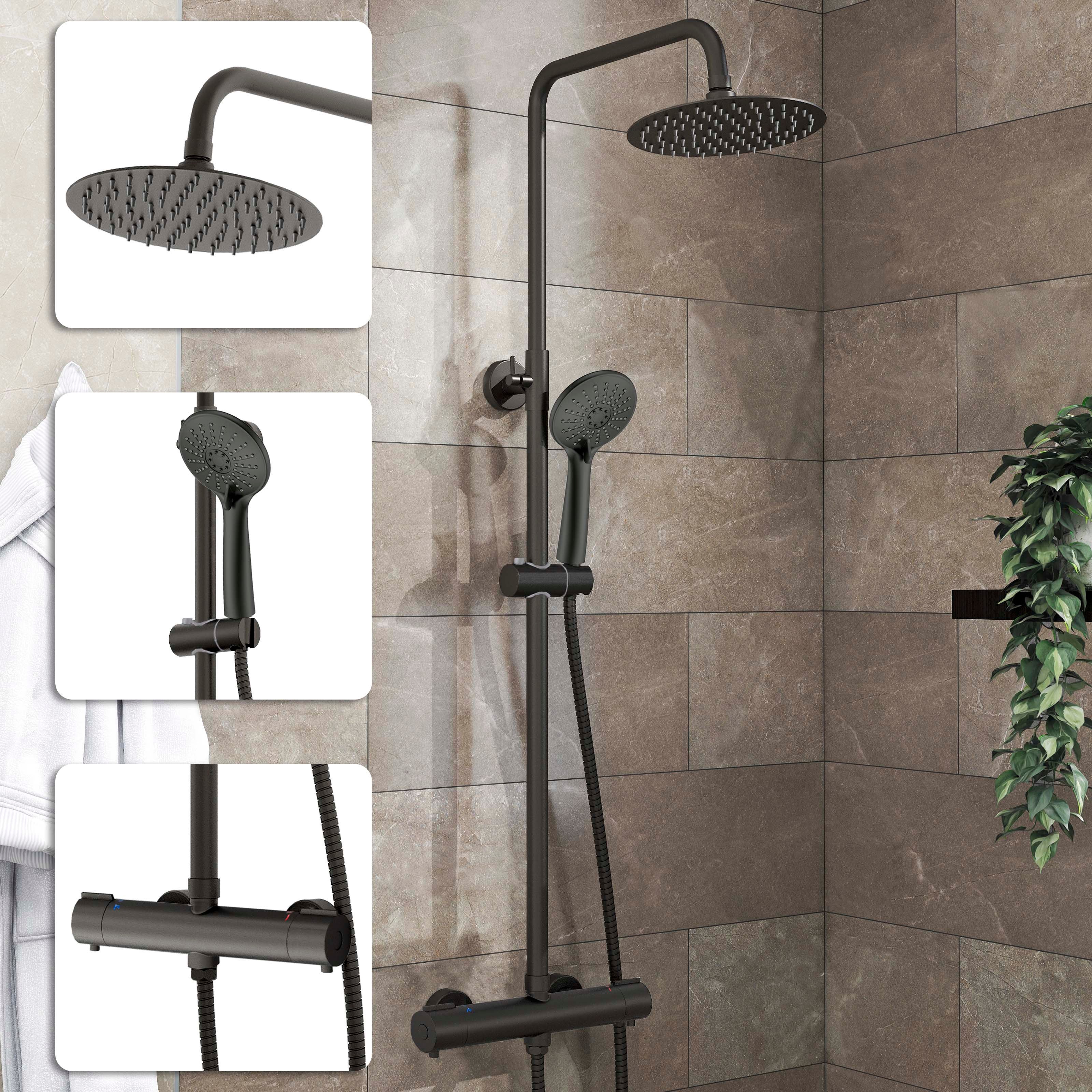 AICA Colonne de douche avec douche de tête 20 cm douchette ronde noir ...