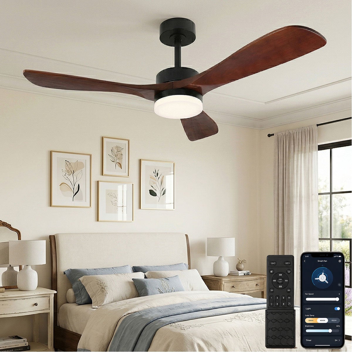 Ventilateur de plafond LED Ø106 cm pales en bois massif,3000K–6500K ...