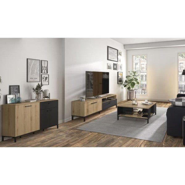 Ensemble meuble TV, table basse et buffet bas - TRUST - Chene / Noir ...