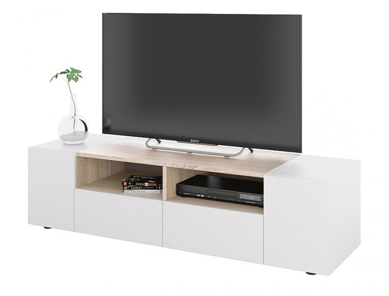 Meuble TV décor blanc et chêne - Dim : L 138 x P 42 x H 34 cm | Leroy ...