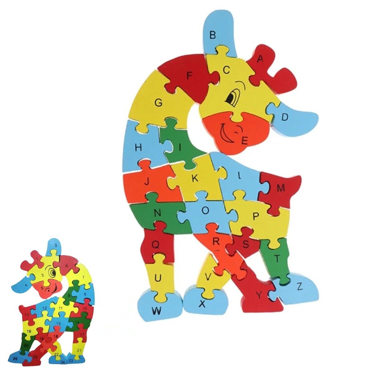 PUZZLE 3D IN LEGNO GIOCO EDUCATIVO NUMERI LETTERE BAMBINI FORMA GIRAFFA ...