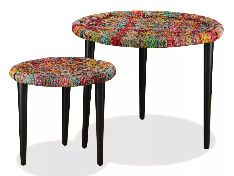 Table basse ronde tissu chindi et métal noir Missa - Lot de 2 | Leroy ...