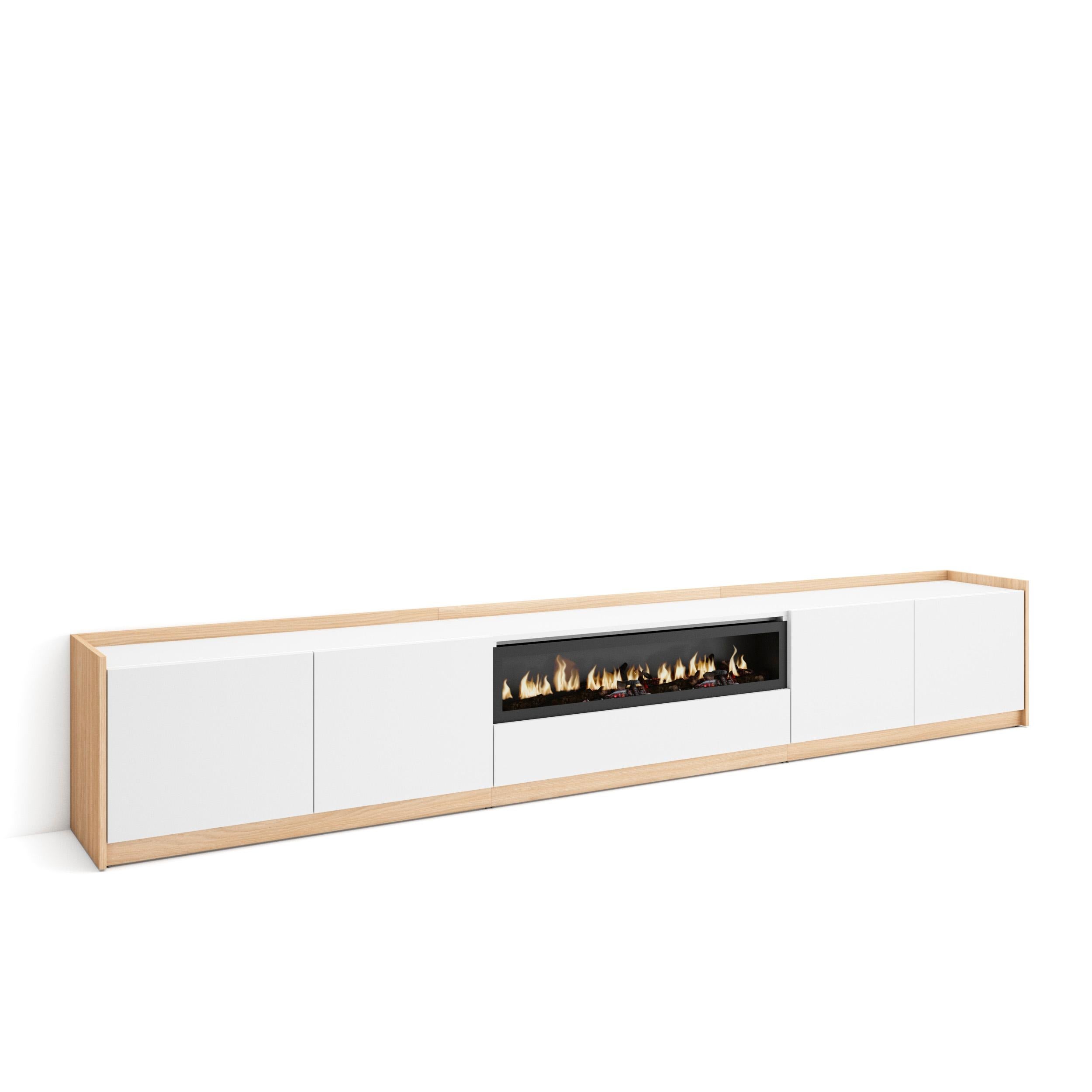 Mueble TV, Televisión, 310x37x50cm, Chimenea eléctrica, Blanco y roble ...