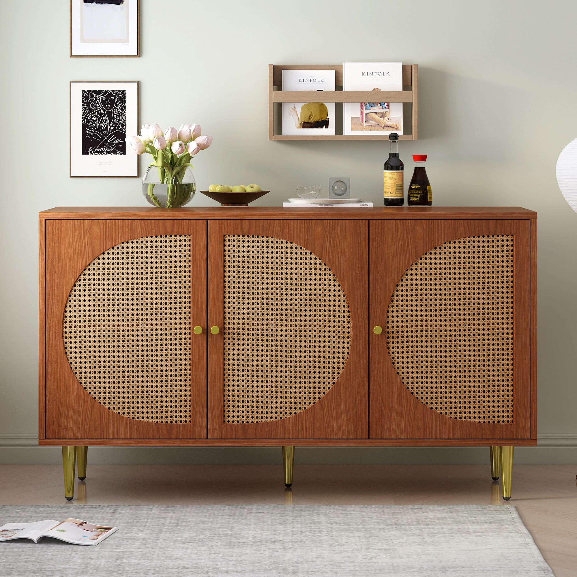 Buffet 129,8x 40x 76 cm avec porte en rotin, commode avec poignées en métal, noyer | Leroy Merlin