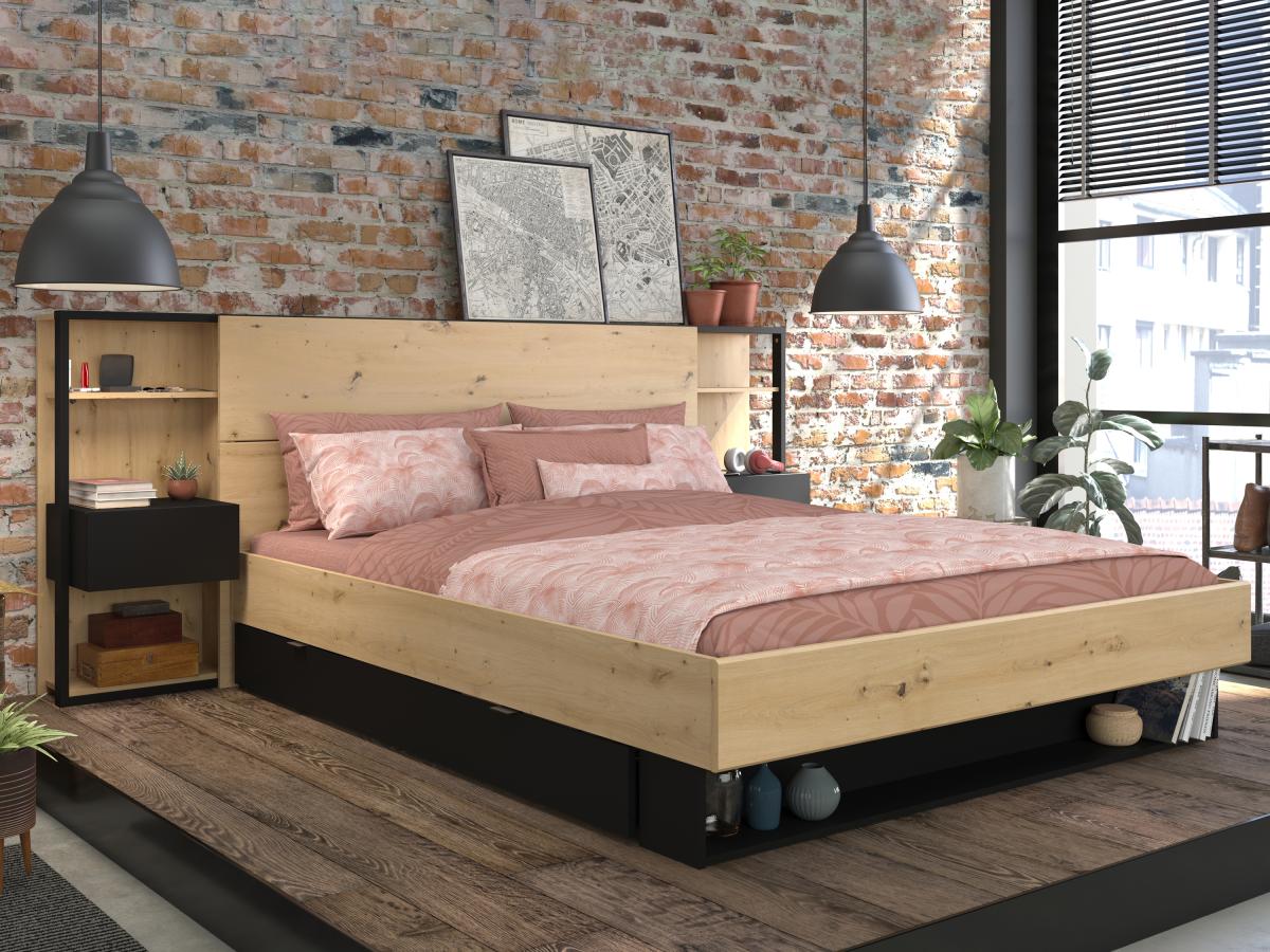 Letto con comodini e scomparti 160 x 200 cm Naturale e Nero - MISTA ...