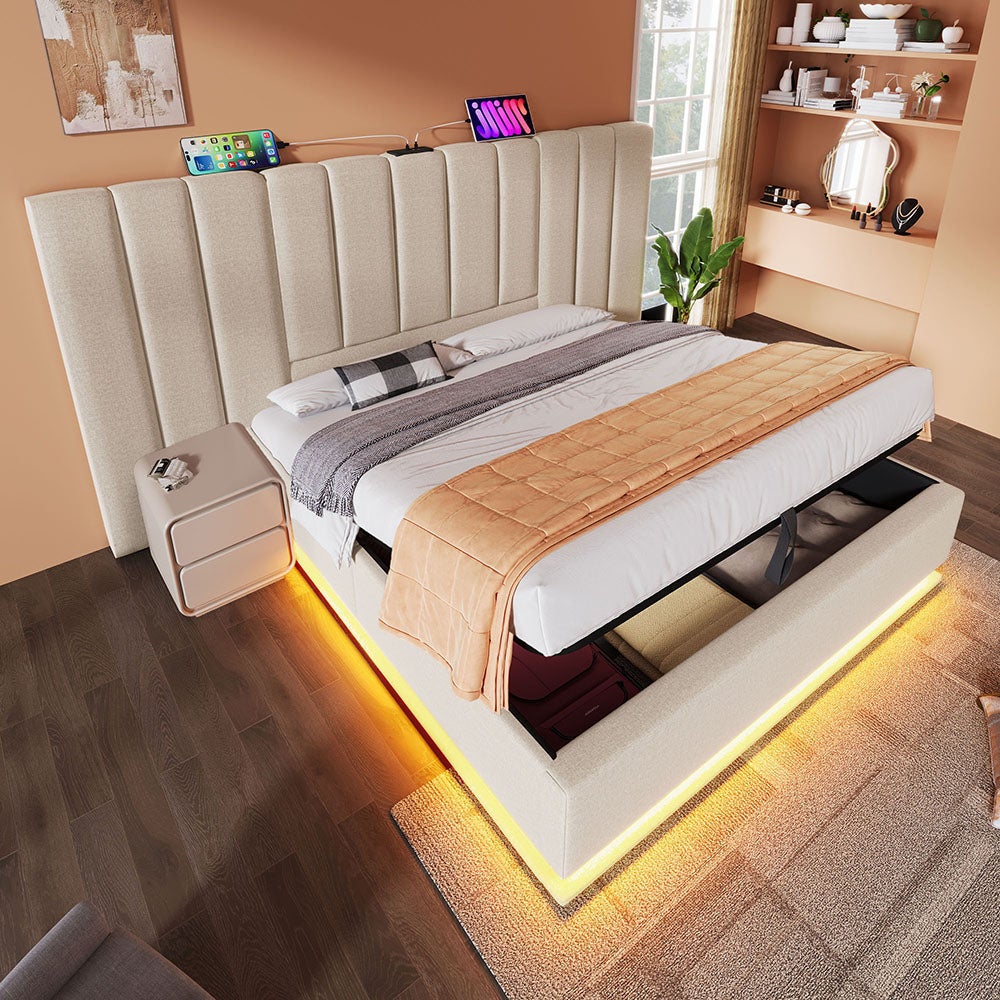 Lit double capitonné 160 x 200 avec app control LED et chargement USB-C ...