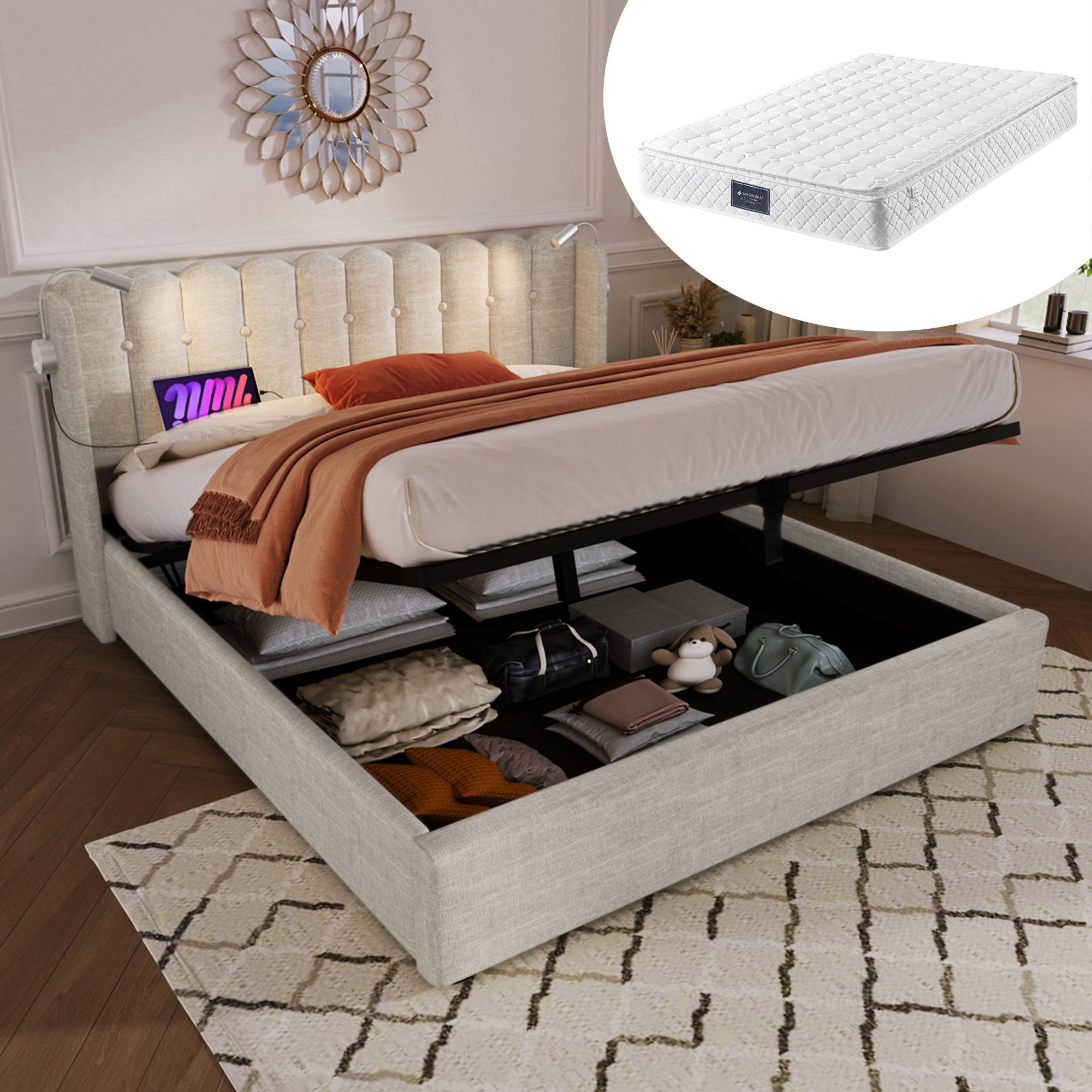Lit coffre 160 x 200 cm ， Rangement avec charge USB ， Matelas inclus ...