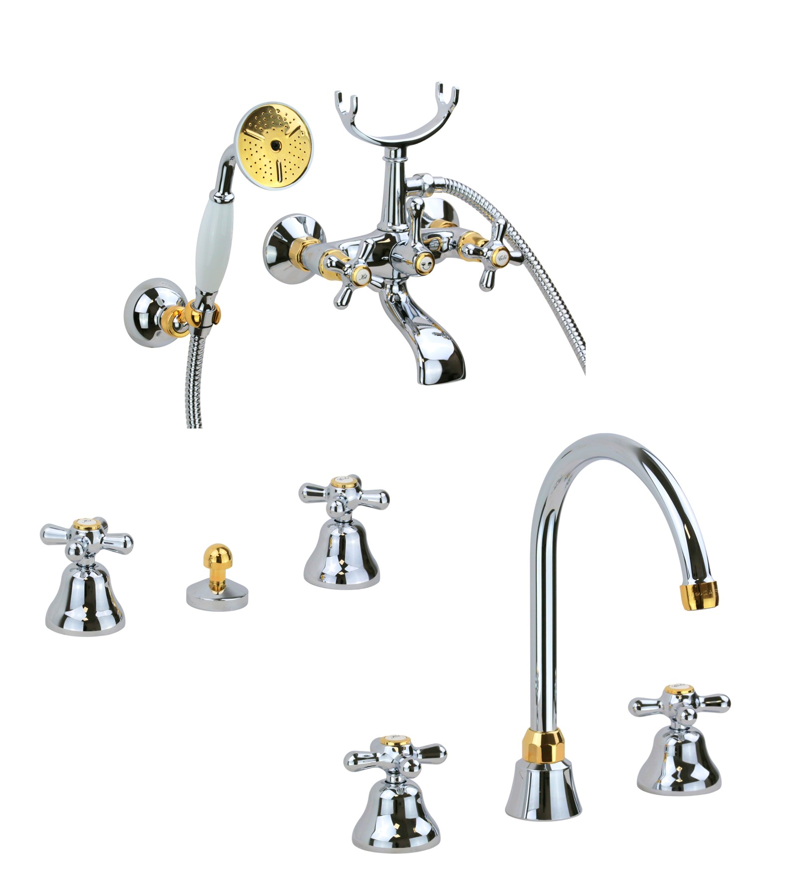 Set rubinetti a 3 fori lavabo bidet e vasca esterno in colore cromo oro ...