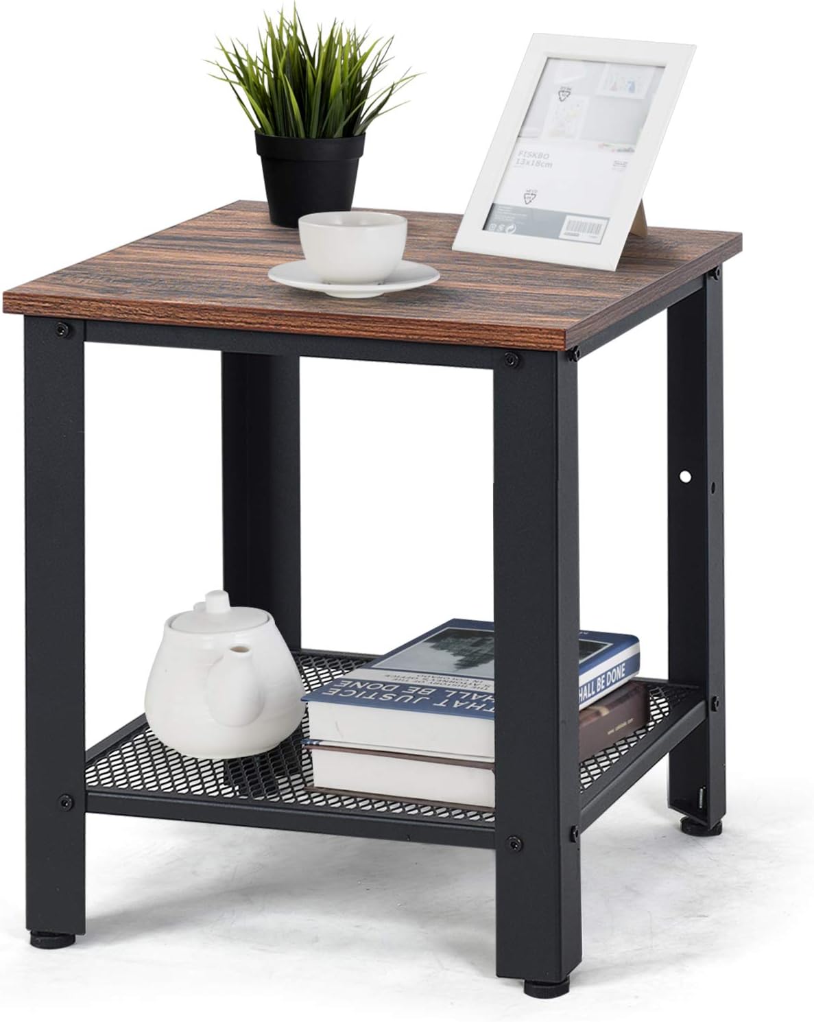Table d’Appoint, Table de Chevet en Bois et Fer avec 2 Couche Ouvert de ...