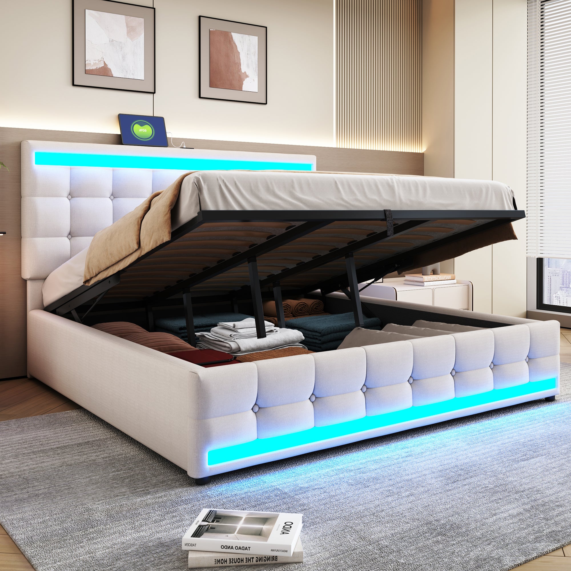 Lit rembourré 180*200 Lit enfant coffre hydraulique avec USB et bande ...