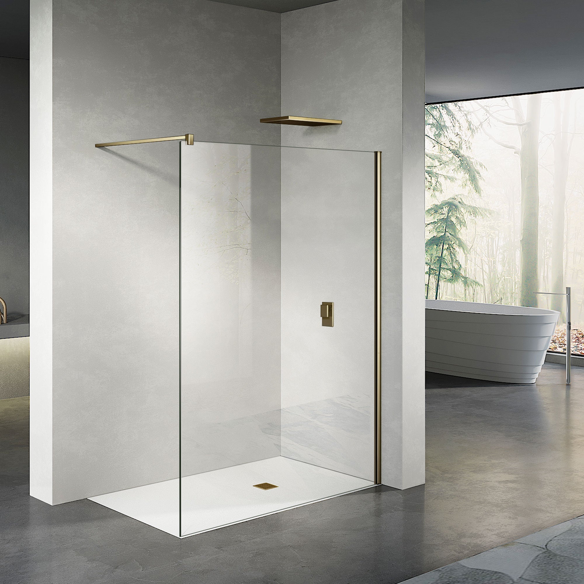 GRAND VERRE Paroi de douche avec accessoires colorés en Doré et panneau ...