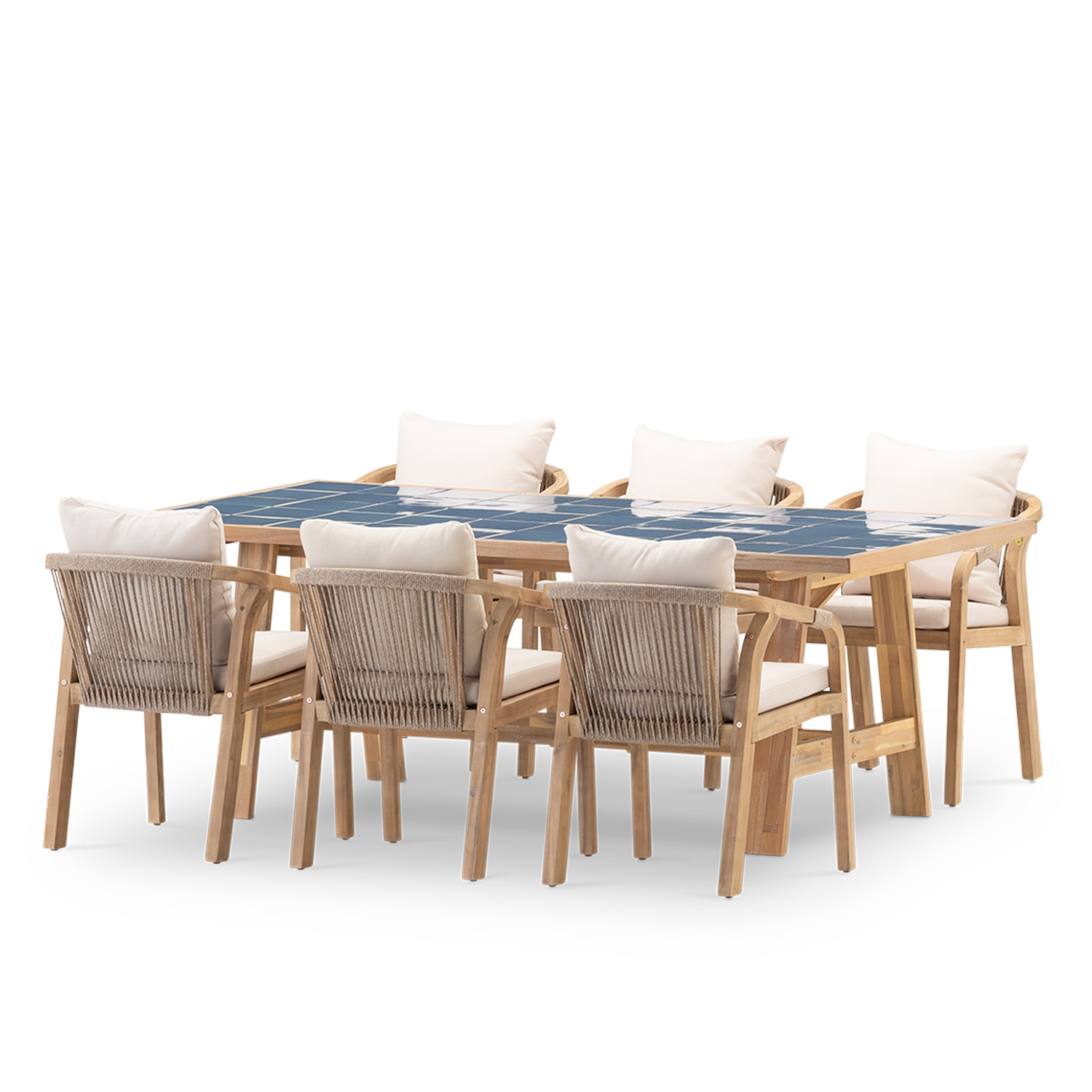 Set de mesa de madera y cerámica azul y 6 sillas - Bisbal & Siena ...