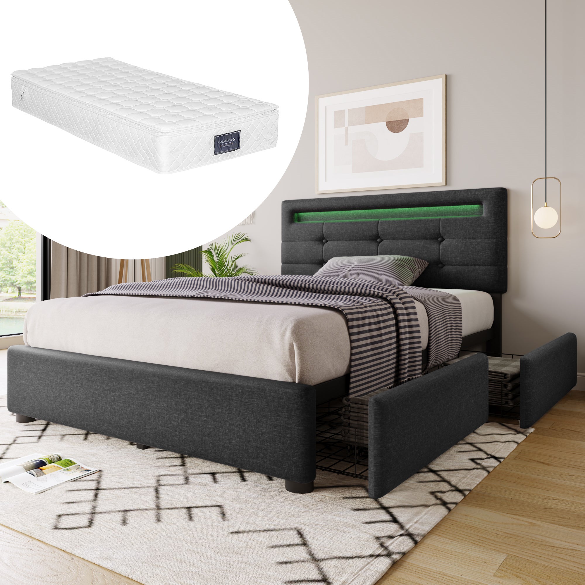 Lit 90x200cm avec sommier, matelas et 2 tiroirs - Tête de lit LED ...