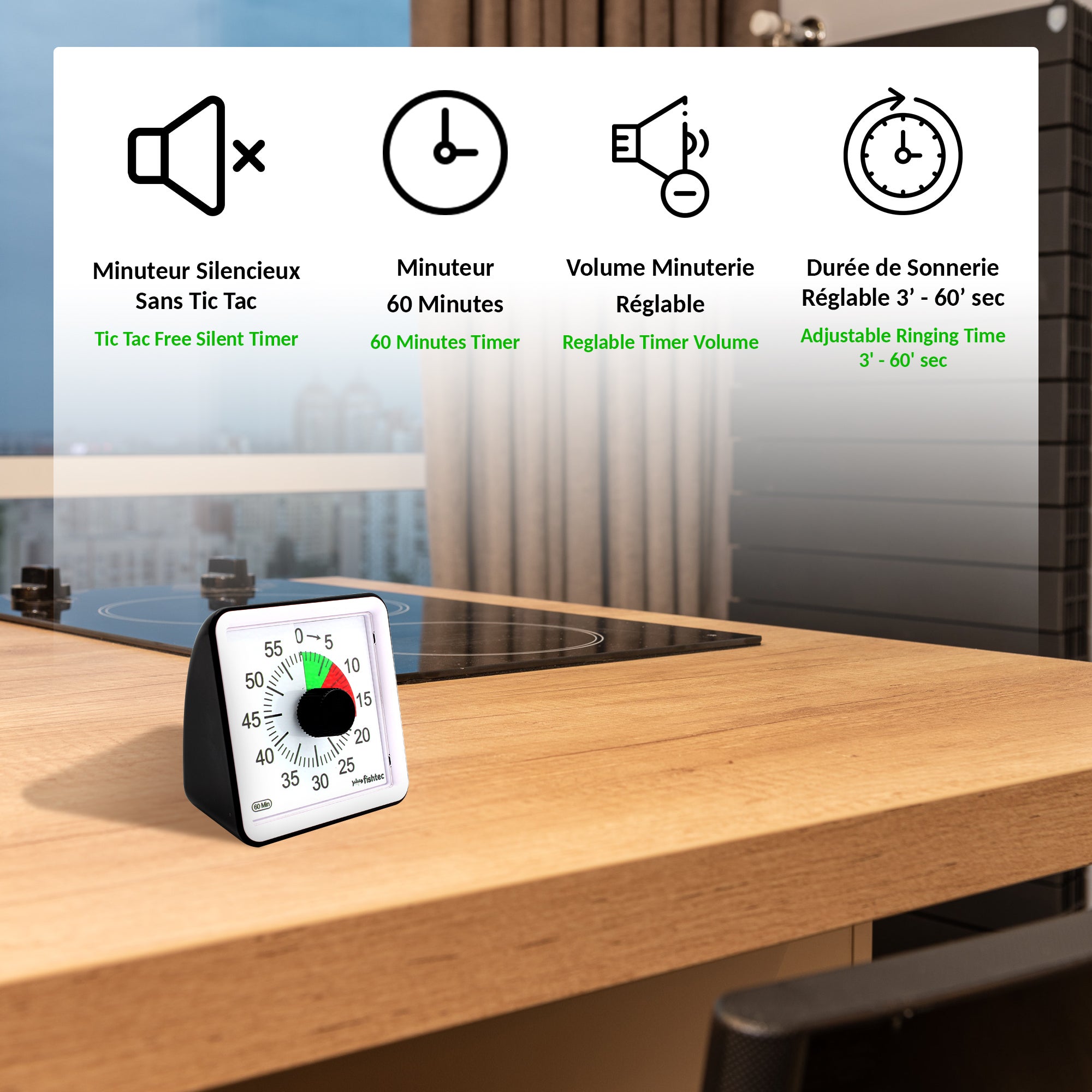 FISHTEC ® Mini temporizador electrónico – 60 minutos – 2 zonas de color – Números grandes ...