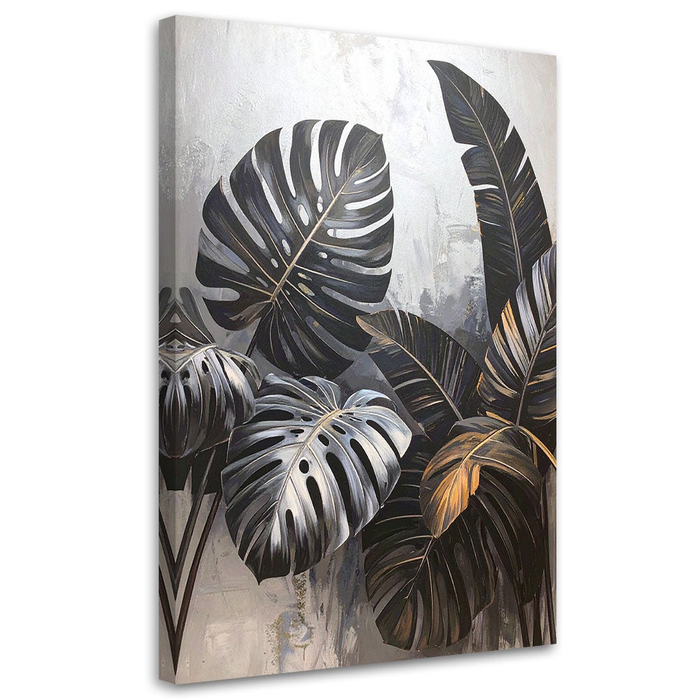 Tableau Moderne, Feuilles de monstera et de bananier noires sur fond ...